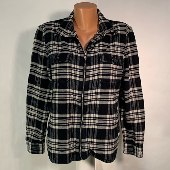 Chaps | Tops | Womens Chaps Denim Long Sleeve Zip Flannel Shirt Plaid ...